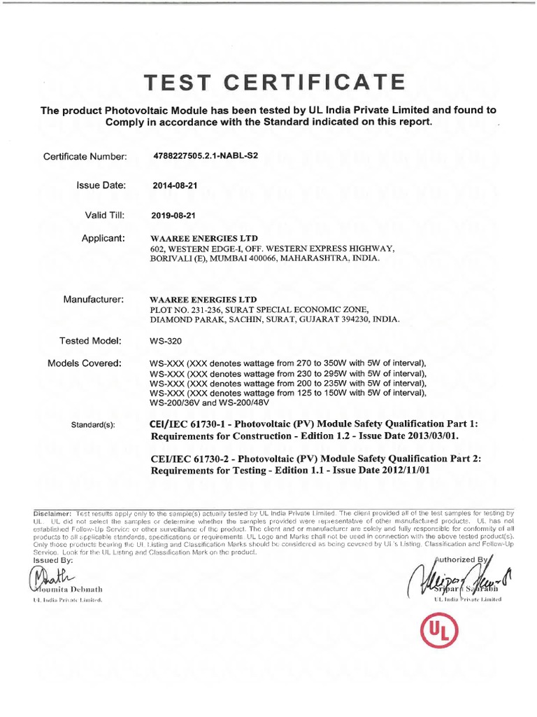 Test Certificate - IEC 61730 - 4788227505.2.1 PDF | PDF