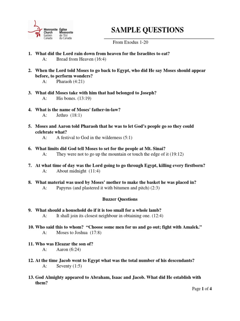 Sample Questions: Page 1 of 4 | PDF | Moses | Book Of Exodus