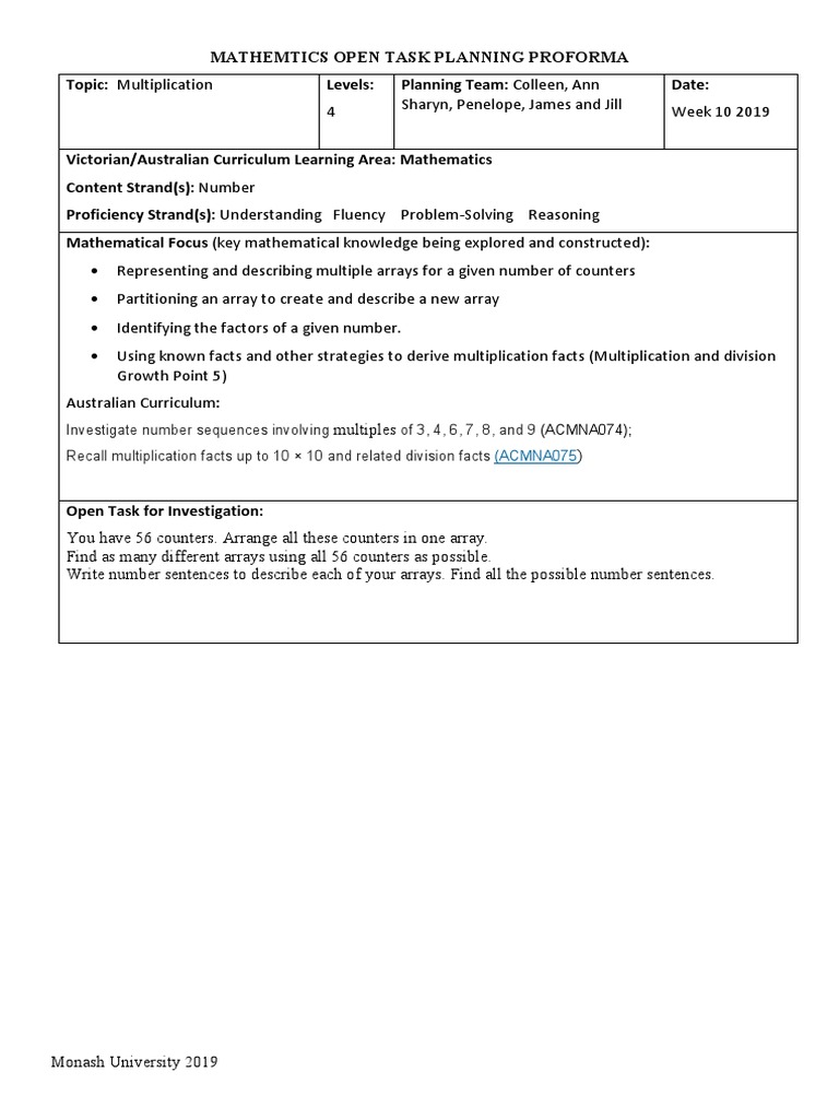 Multiplication Open Task - Arrays For 56 - Example | PDF | Matrix ...