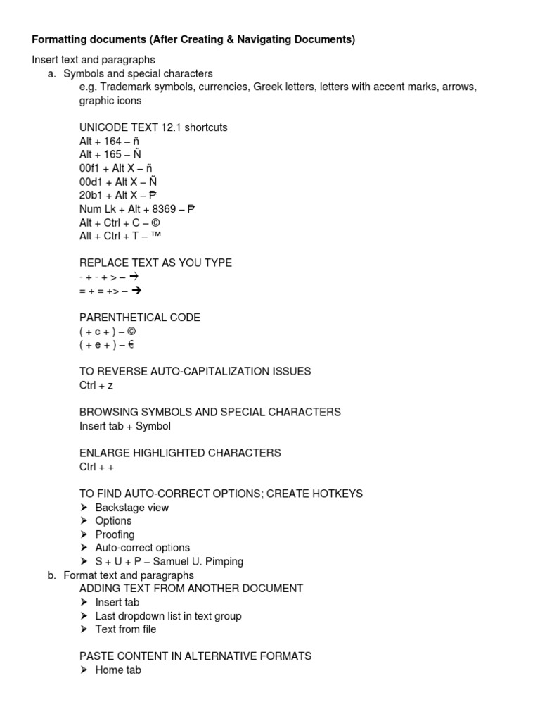 Formatting Documents (After Creating & Navigating Documents) | PDF ...