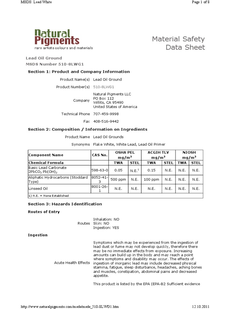 Material Safety Data Sheet: Lead Oil Ground MSDS Number 510-8LWG1 | PDF ...