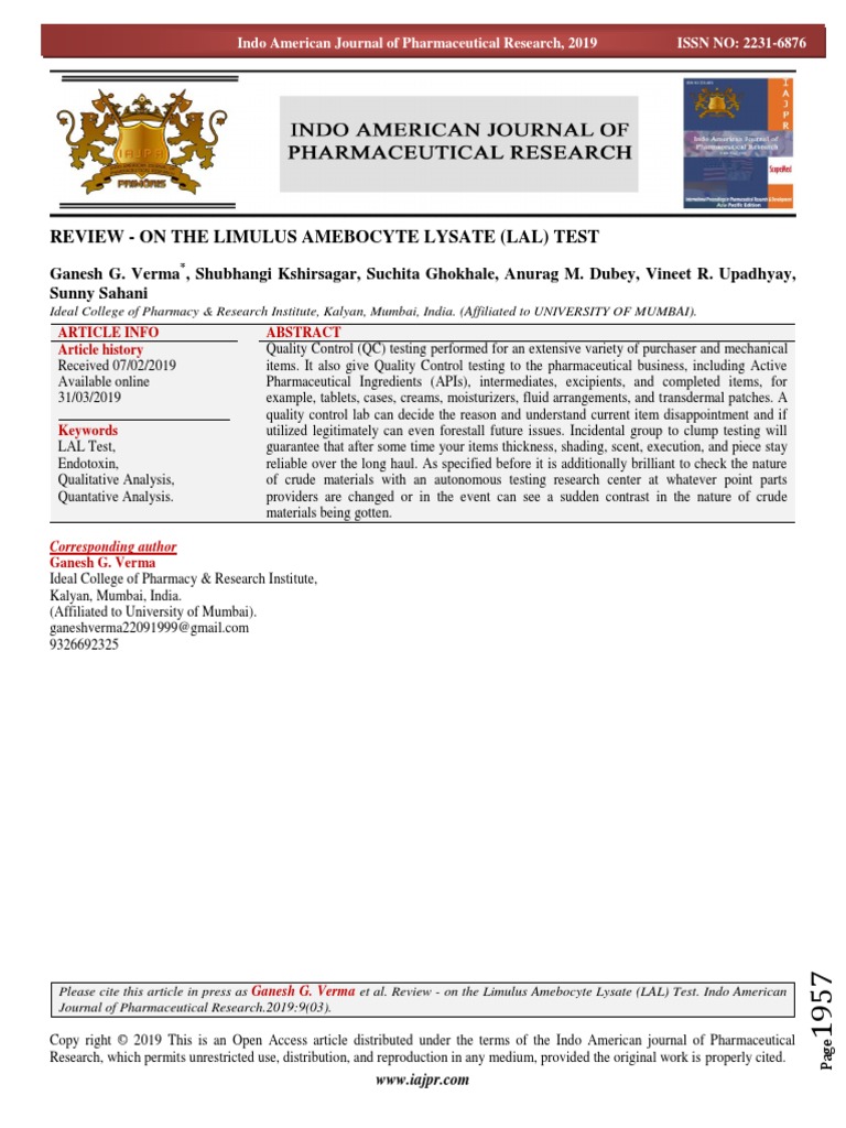 Review - On The Limulus Amebocyte Lysate (Lal) Test | PDF ...