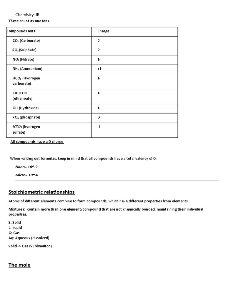 IB Chemistry Concepts and Calculations | PDF | Chemical Bond | Ion
