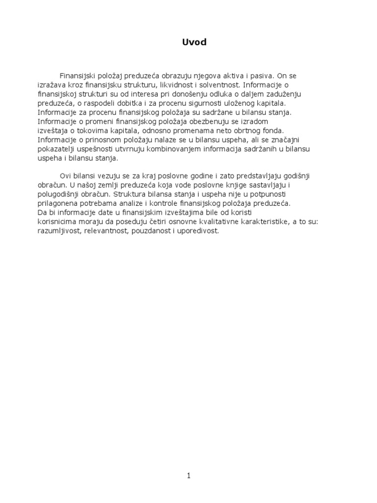 Analiza Bilansa Stanja I Bilansa Uspeha | PDF