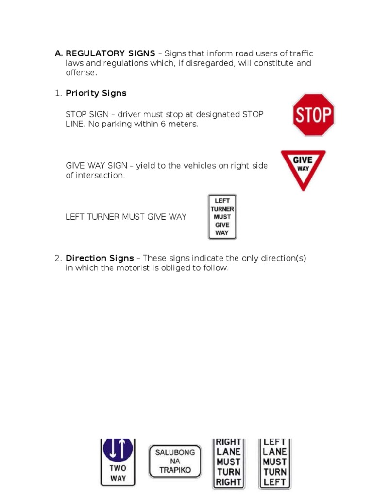 A. REGULATORY SIGNS - Signs That Inform Road Users of Traffic | PDF ...