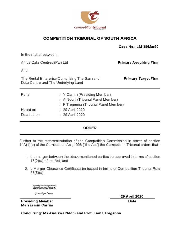 Competition Tribunal of South Africa: Case No.: LM169Mar20 | PDF ...
