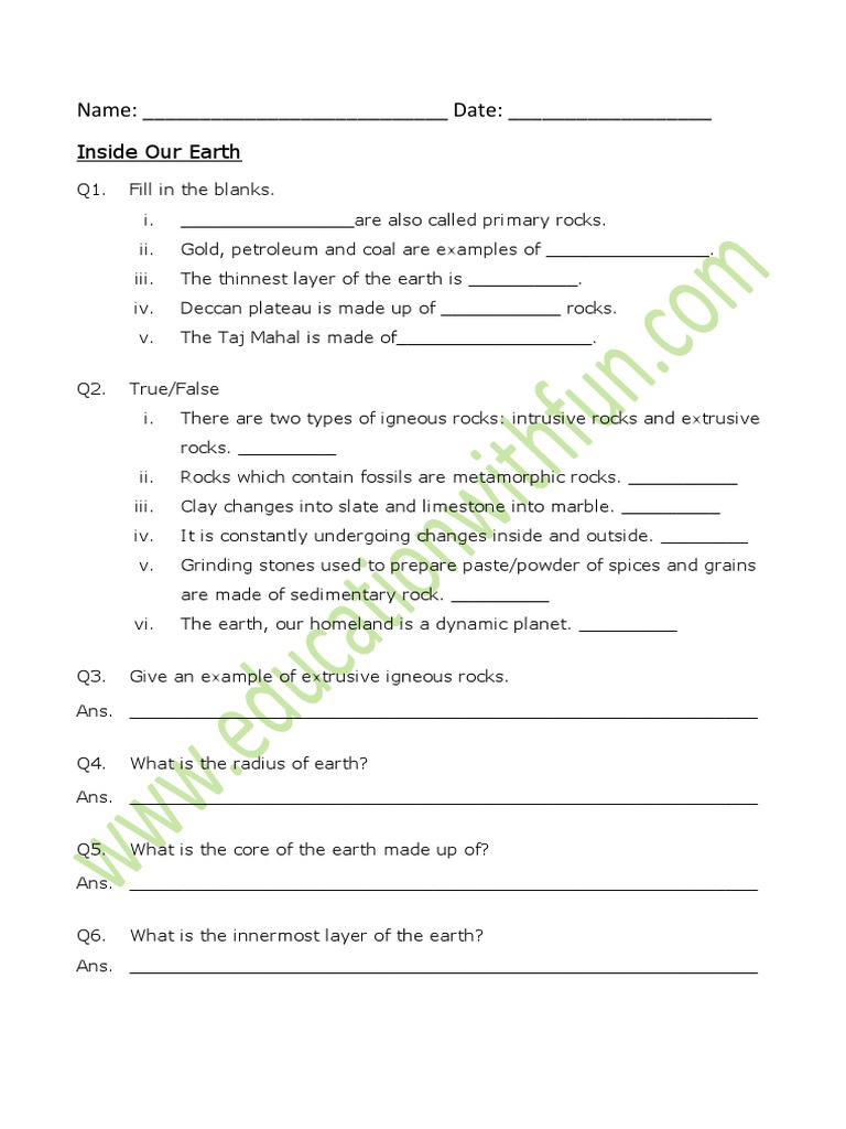 Inside Our Earth Worksheet 1 | PDF | Rock (Geology) | Natural Materials