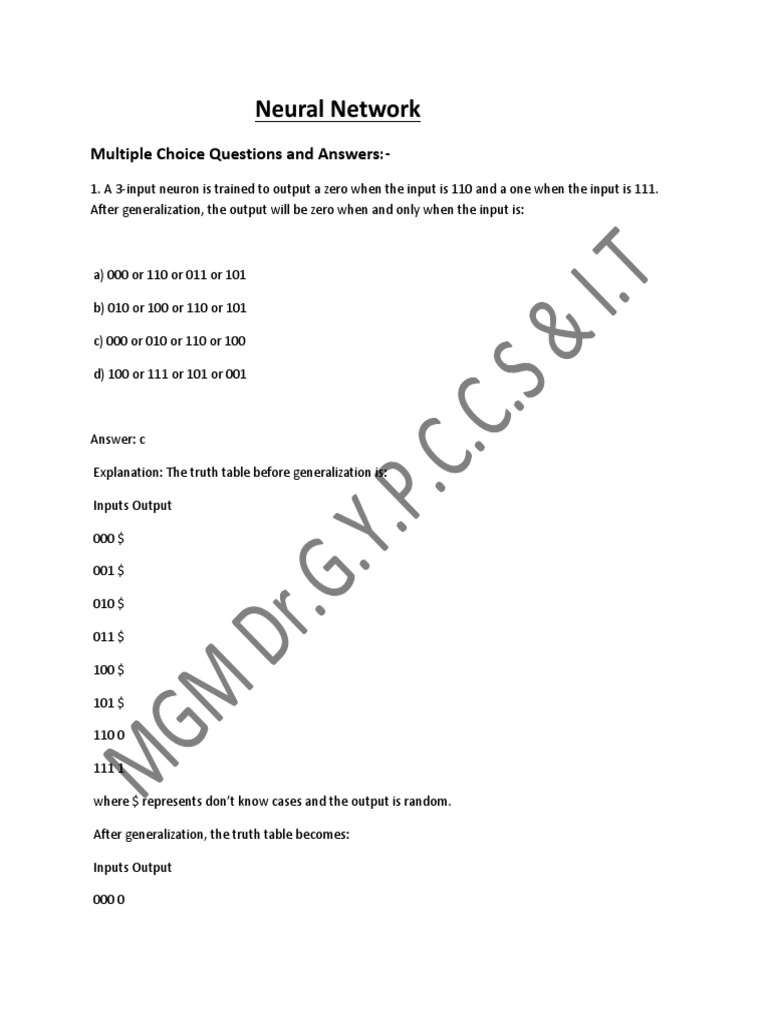 Neural Network: Multiple Choice Questions and Answers | PDF ... Neural Network: Multiple Choice Questions and Answers | PDF ...
