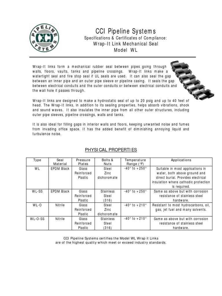 CCI Pipeline Systems: Wrap-It Link Mechanical Seal Model WL | PDF ...
