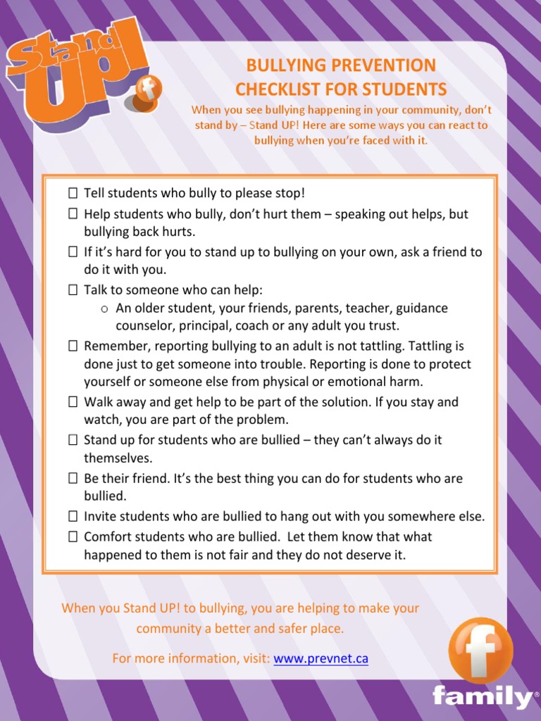 Bullying Prevention Checklist For Students | PDF