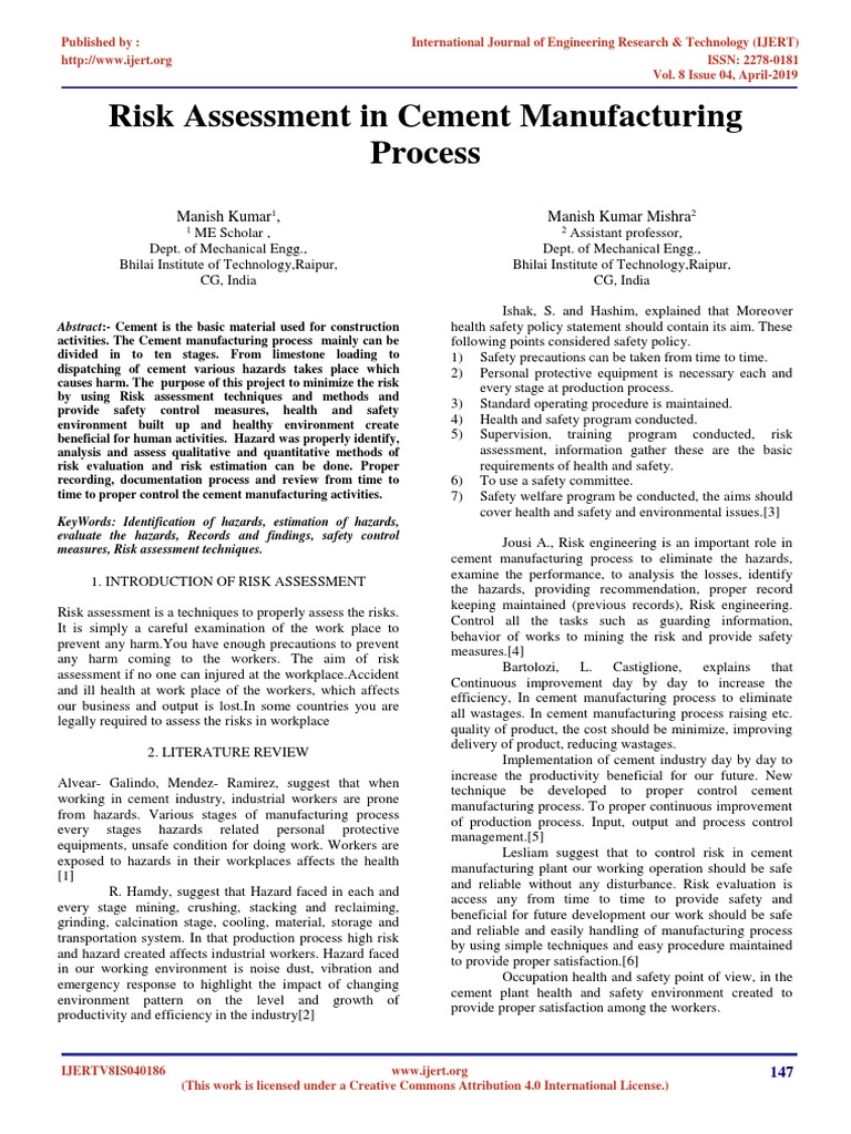 Risk Assessment in Cement Manufacturing Process: Manish Kumar, Manish ...