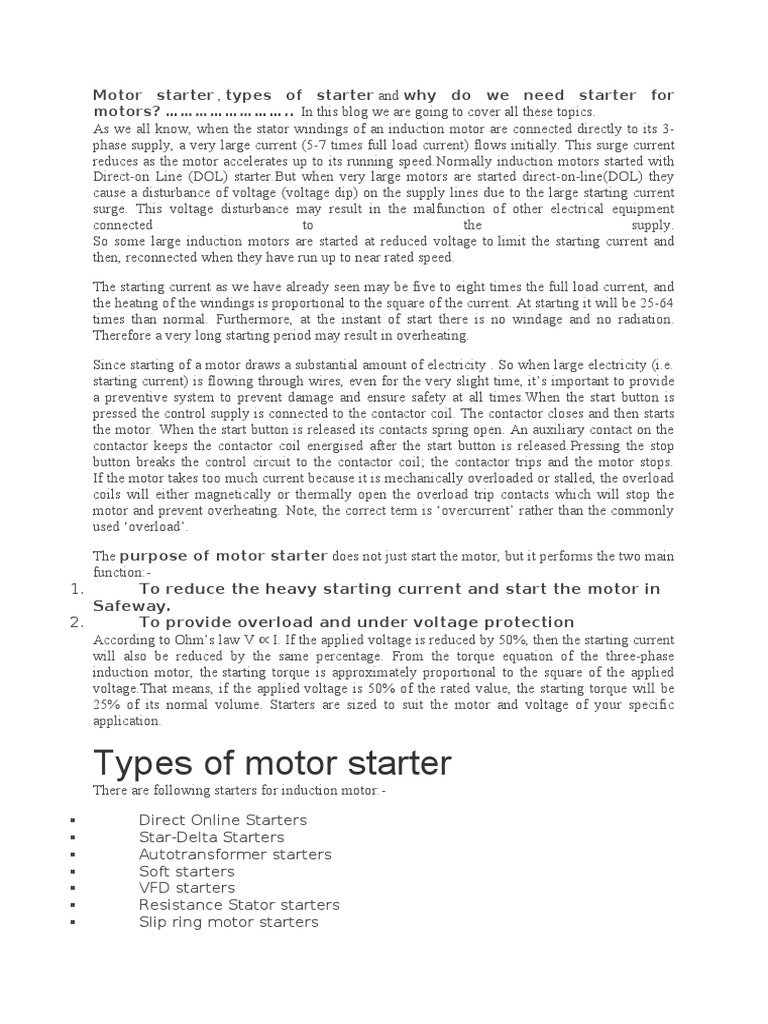 Types of Motor Starter | PDF | Electric Motor | Electrical Equipment