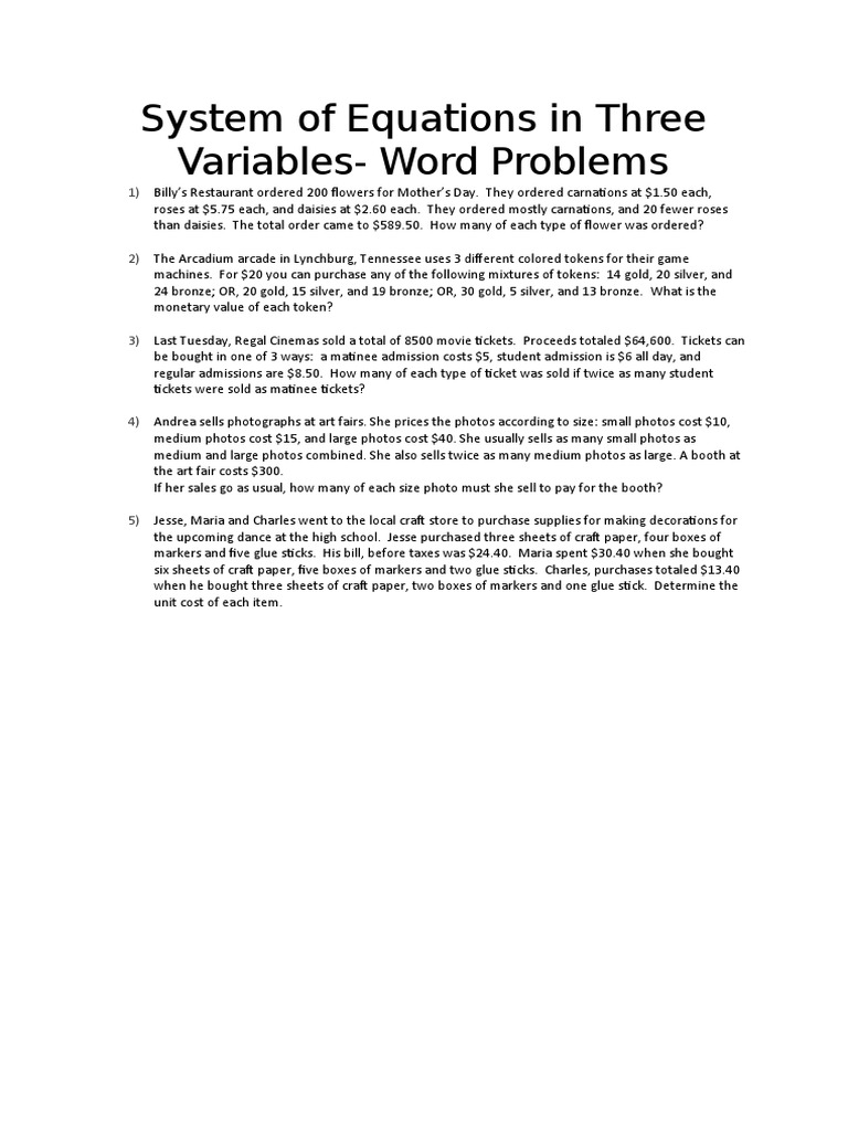 Three Variable System Word Problems | PDF