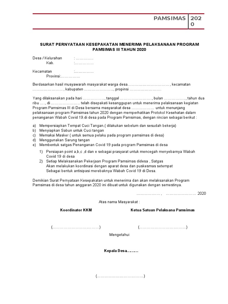 5.surat Pernyataan Menerima Program Pamsimas Desa (KKM) | PDF