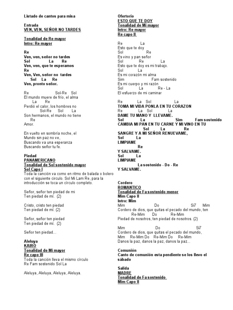 Listado de Cantos para Misa | PDF | Misa (liturgia) | Religión y creencia