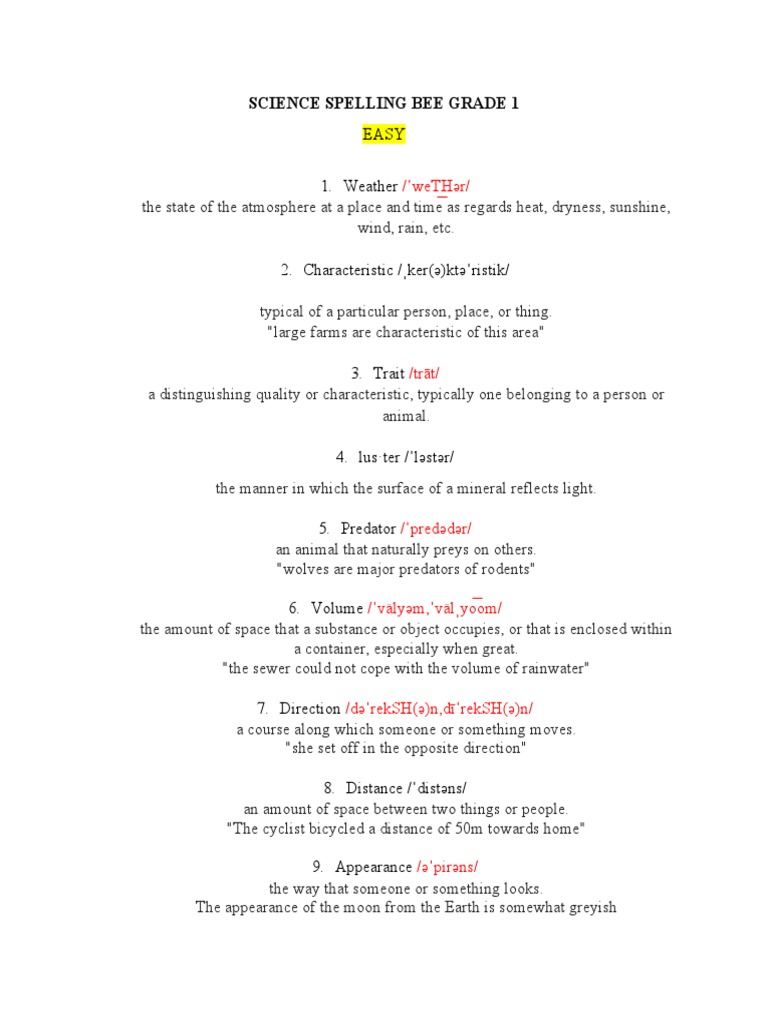 Science Spelling Bee Grade 1 | PDF | Sky | Earth