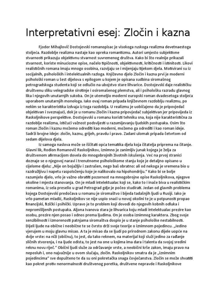 Interpretativni Esej Zločin I Kazna | PDF