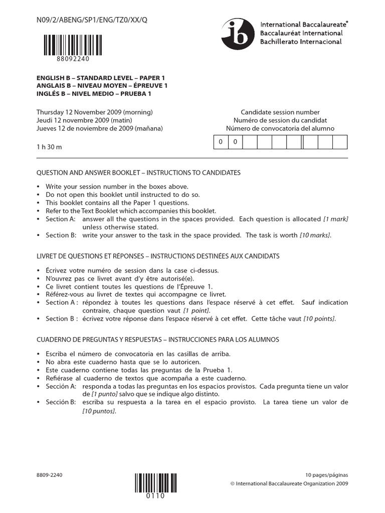 English B Paper 1 Question Booklet SL | PDF