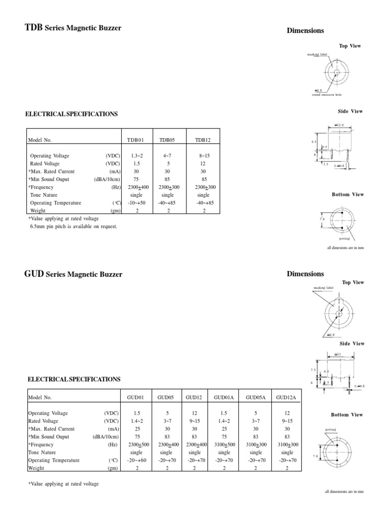 Series Magnetic Buzzer Dimensions: Electrical Specifications | PDF ...