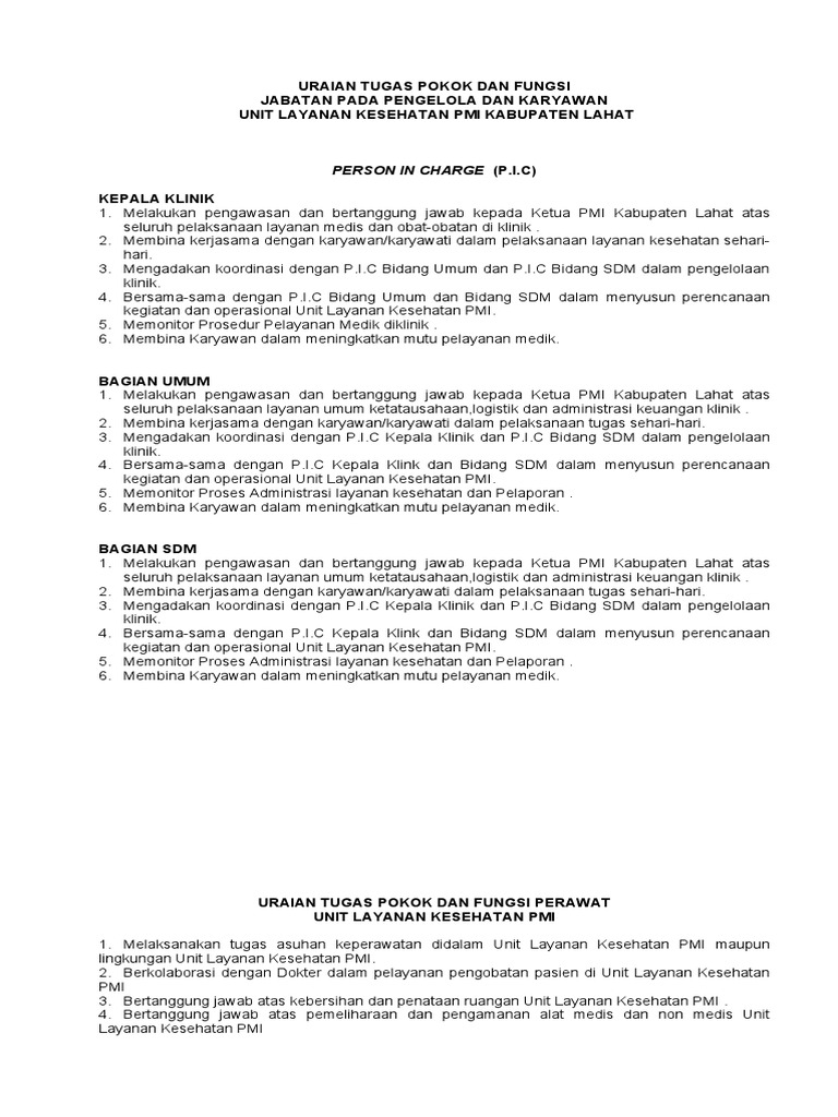 URAIAN TUGAS POKOK DAN FUNGSI Klinik | PDF