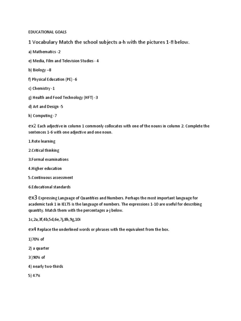 1 Vocabulary Match The School Subjects A-H With The Pictures 1-8 Below ...
