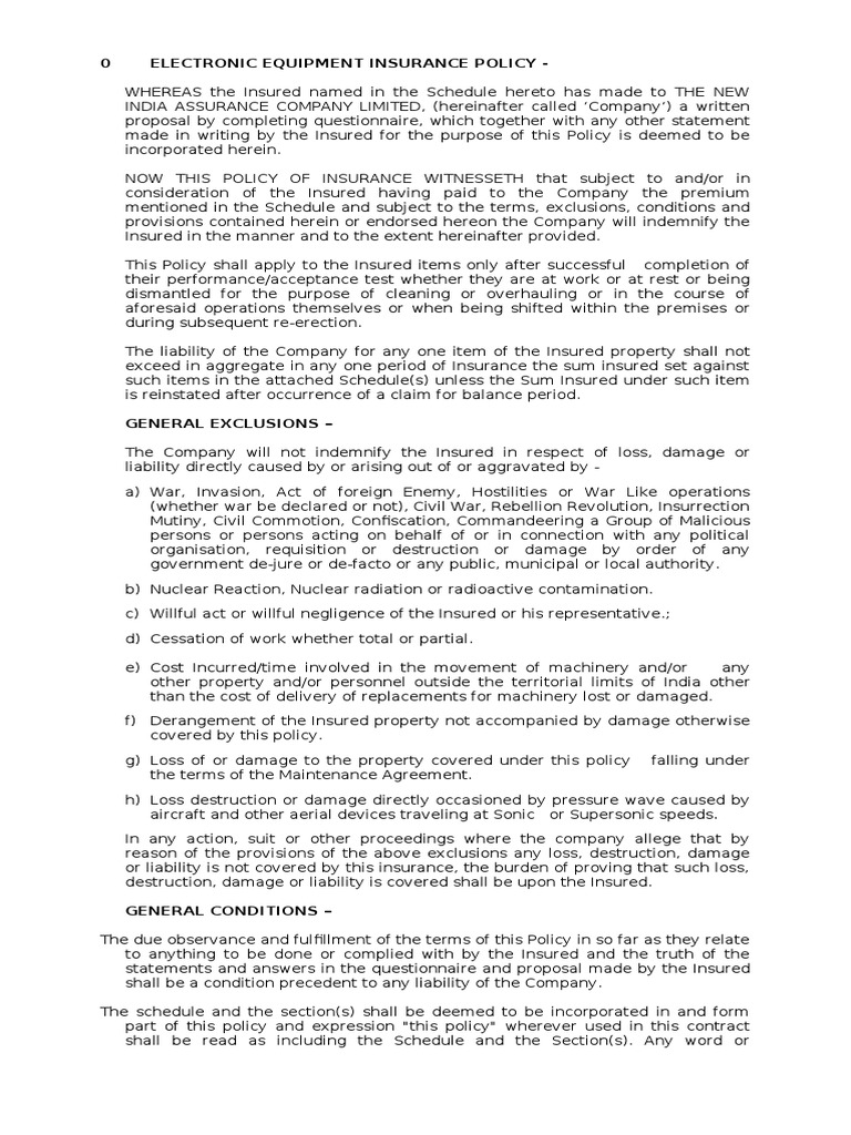Electronic Equipment Insurance Policy | PDF | Indemnity | Insurance