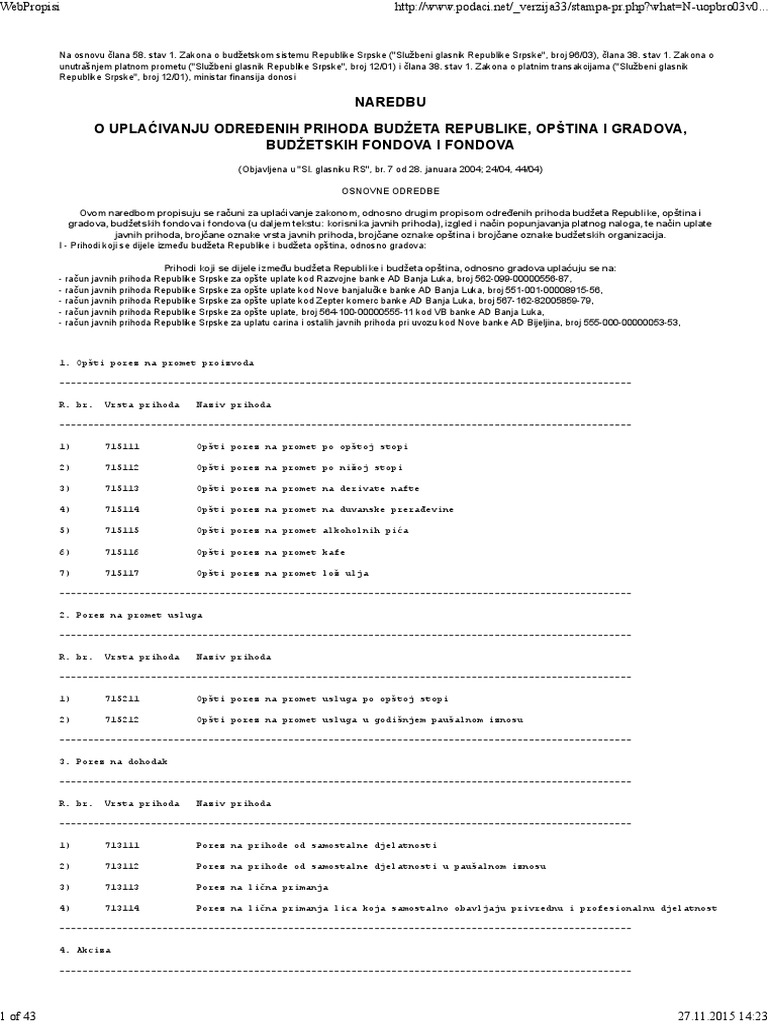 Naredba o Uplati Javnih Prihoda RS | PDF