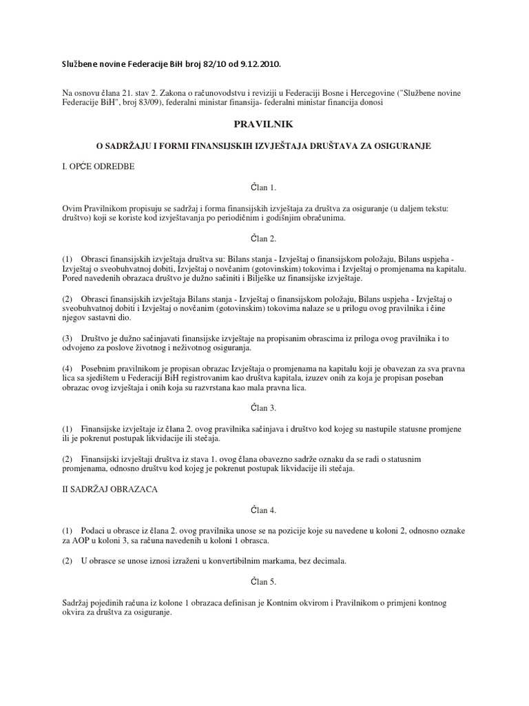 01 Pravilnik o Sadrzaju I Formi Finansijskih Izvjestaja Drustava Za Osiguranje | PDF