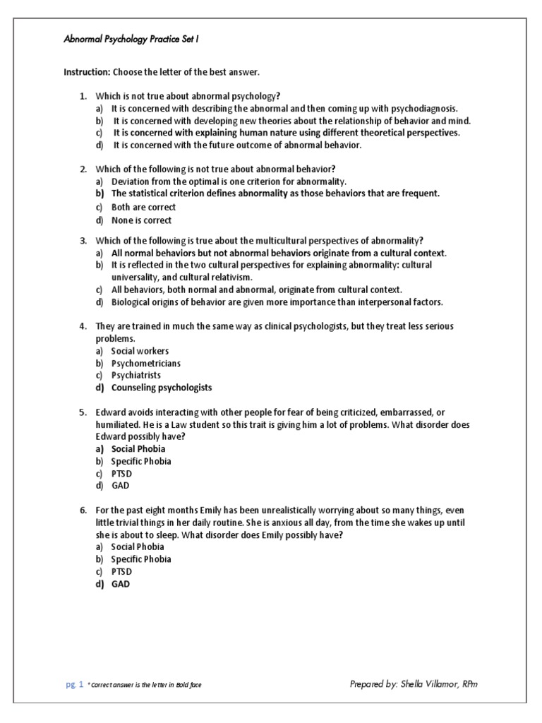Abnormal Psychology Practice Questions | PDF | Anxiety Disorder ...