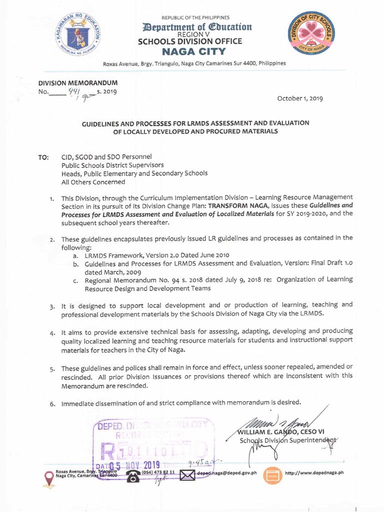 DM No. 441, S. 2019 Guidelines and Process For LRMDS Assessment and Evaluation of Locally ...