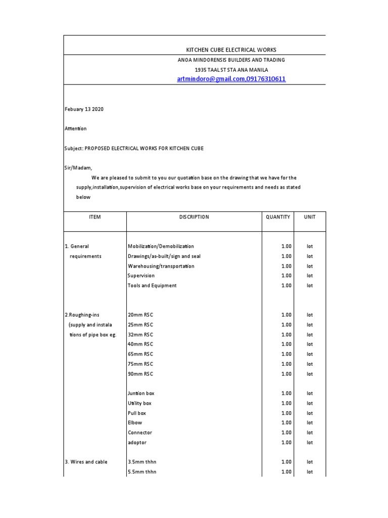 Quotation For Electrical 02192020 | PDF | Machines | Electrical Wiring