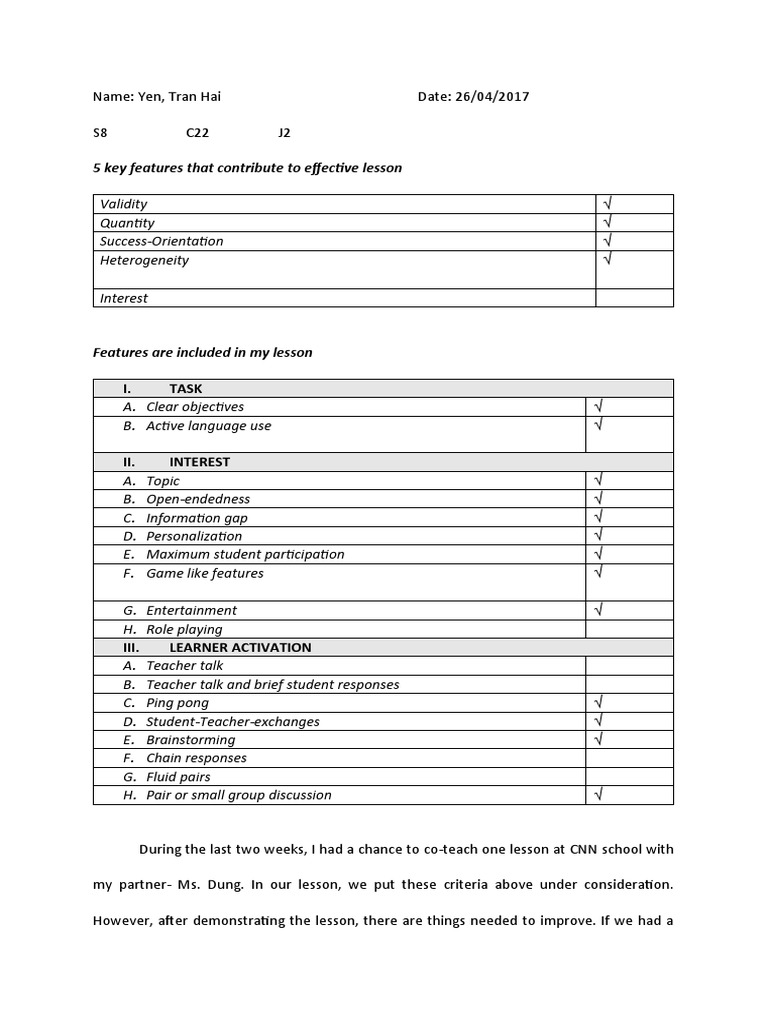5 Key Features That Contribute To Effective Lesson: I. Task | PDF ...