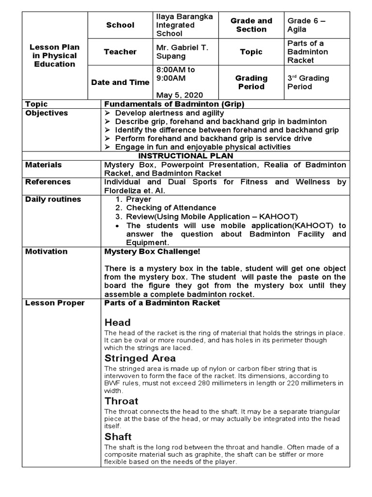 Lesson Plan in PARTS OF A BADMINTON RACKET | PDF | Sports | Nature