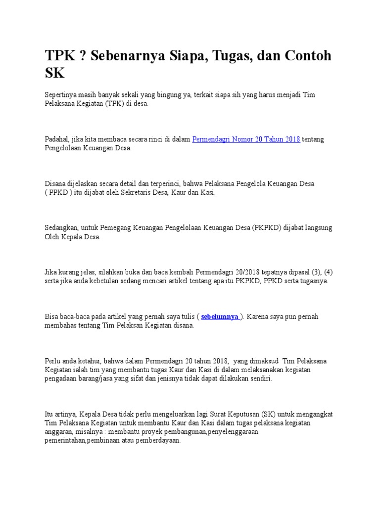 TPK Sebenarnya Siapa, Tugas, Dan Contoh SK | PDF