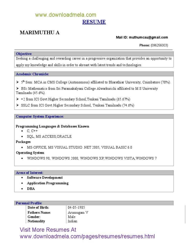MCA Final Year Fresher Resume | PDF