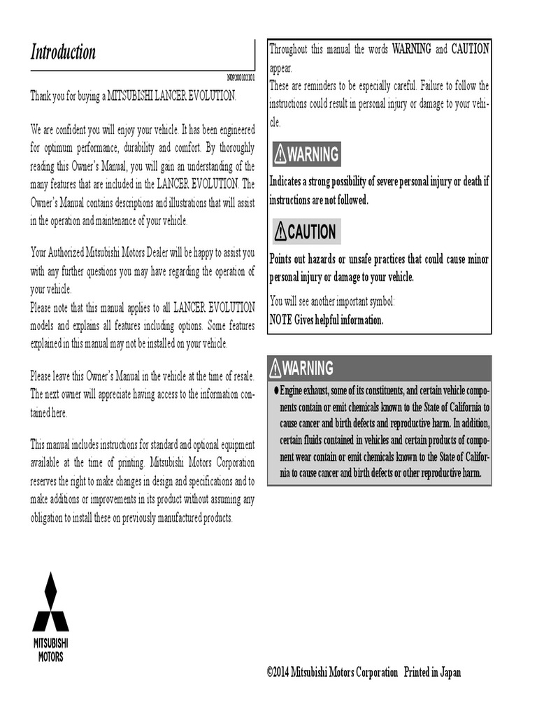 Mitsubishi Lancer Evolution Owner's Manual | PDF | Gasoline | Clutch