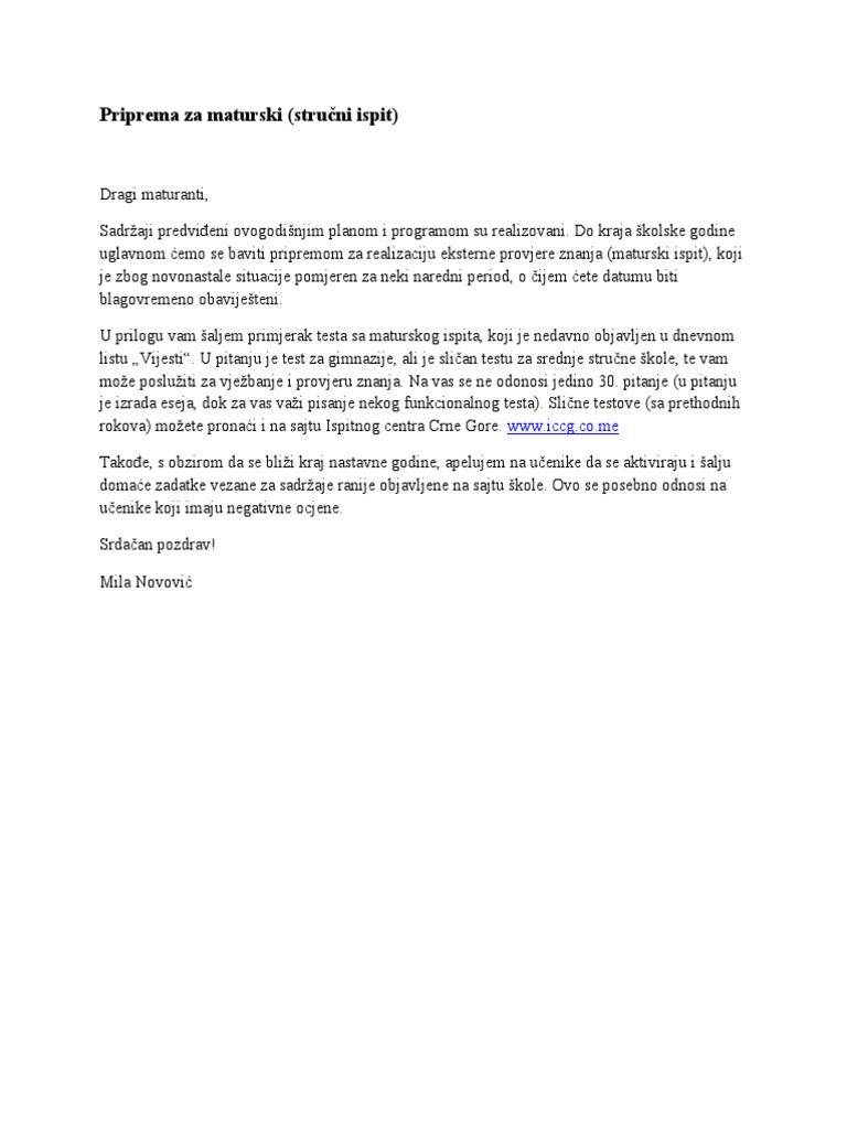 Priprema Za Maturski Ispit | PDF