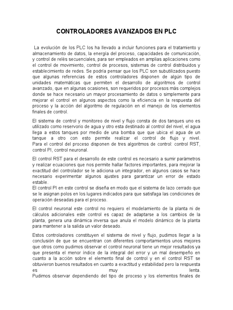Control avanzado PLC nivel flujo algoritmos RST PI neuronal | PDF ...