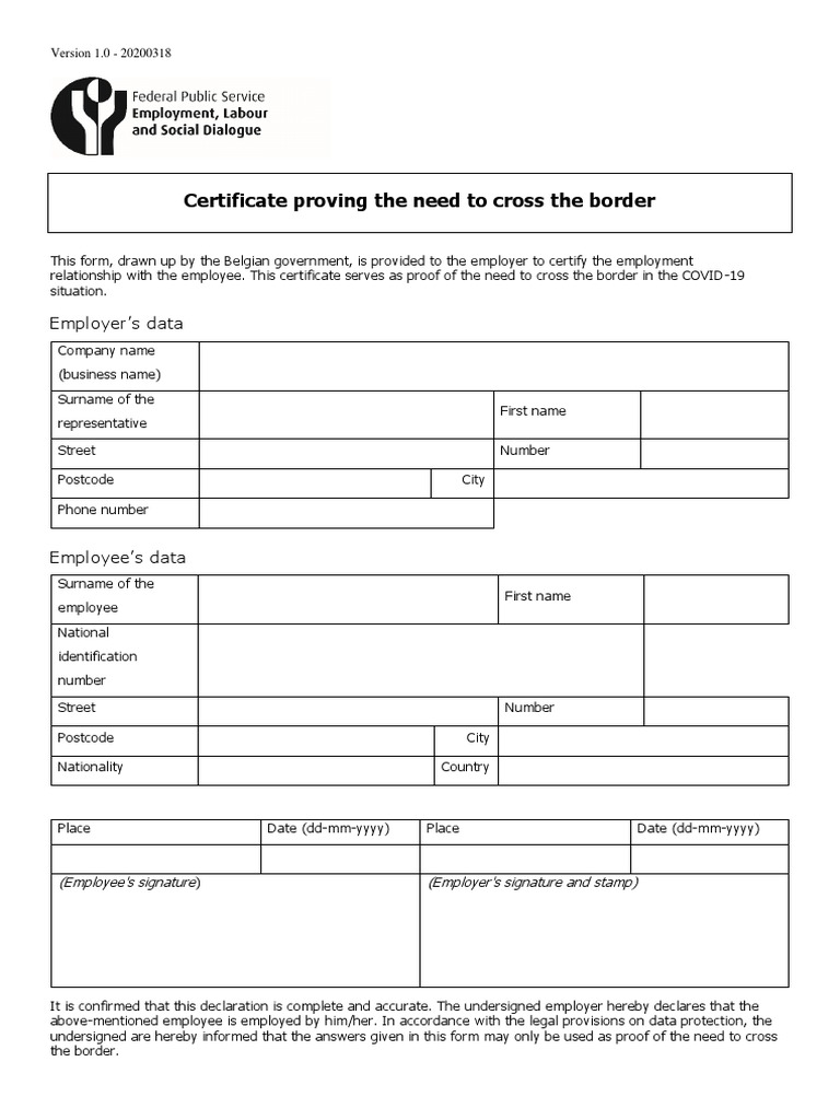 Certificate Proving The Need To Cross The Border: Employer's Data | PDF