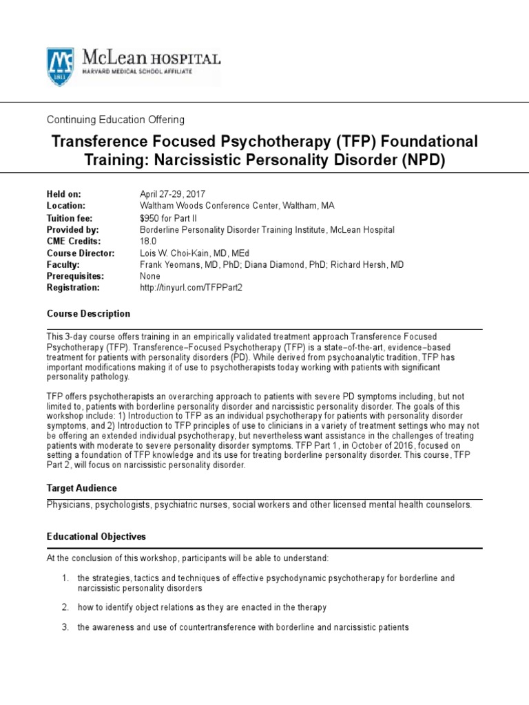 Transference Focused Psychotherapy (TFP) Foundational Training: Narcissistic Personality ...
