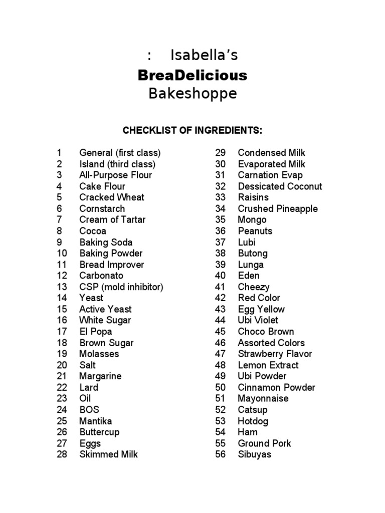 Isabella'S Breadelicious Bakeshoppe: Checklist of Ingredients | PDF
