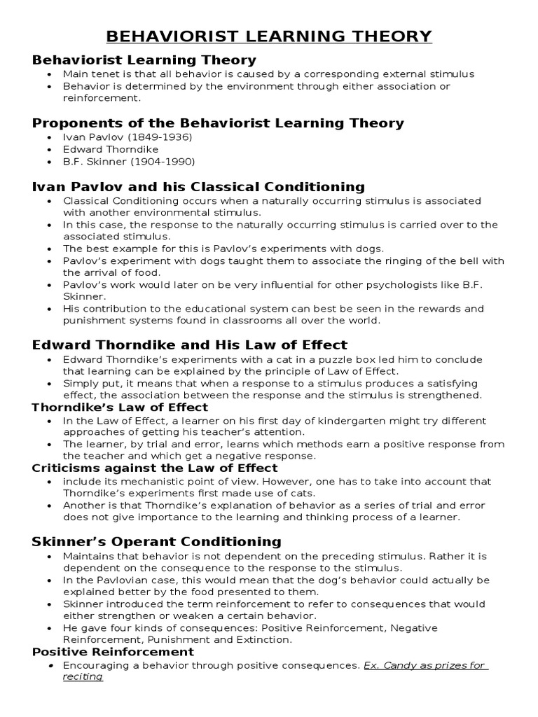 Overview of Behaviorist Learning Theory | PDF | Behaviorism | Reinforcement