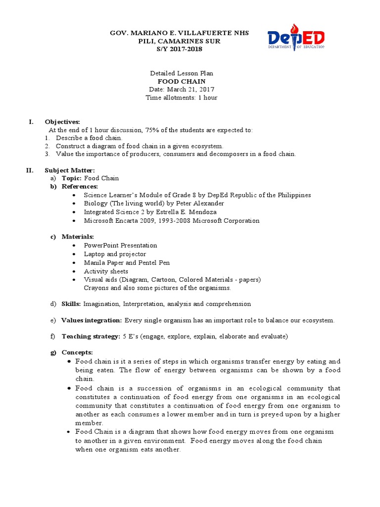Food Chain Lesson Plan for Grade 7 | PDF | Ecosystem | Food Web