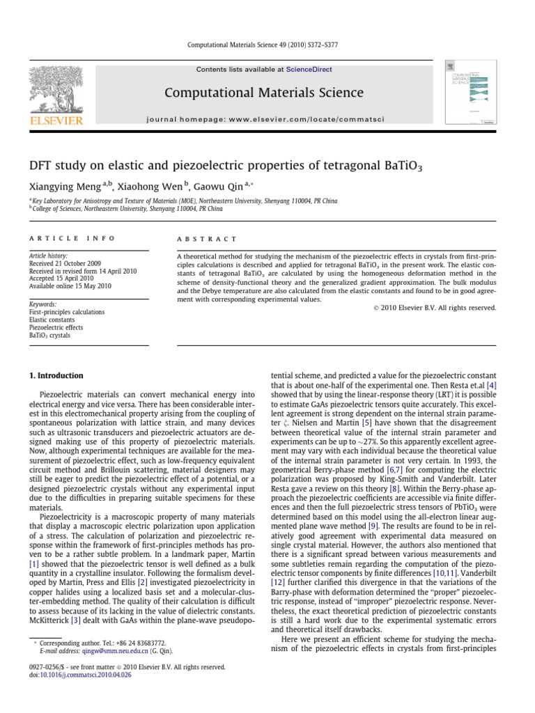 DFT Study On Elastic and Pirzoelectric Properties of Tetragonal BaTiO3 ...