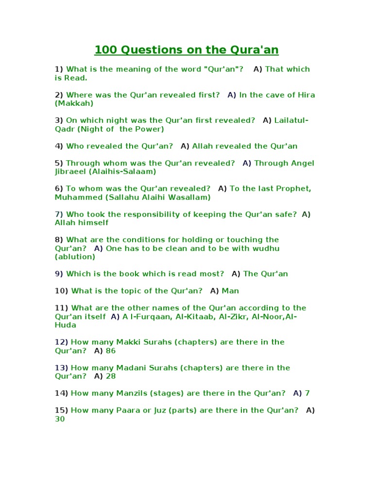 100 Questions On The Quran | PDF | Quran | Islam