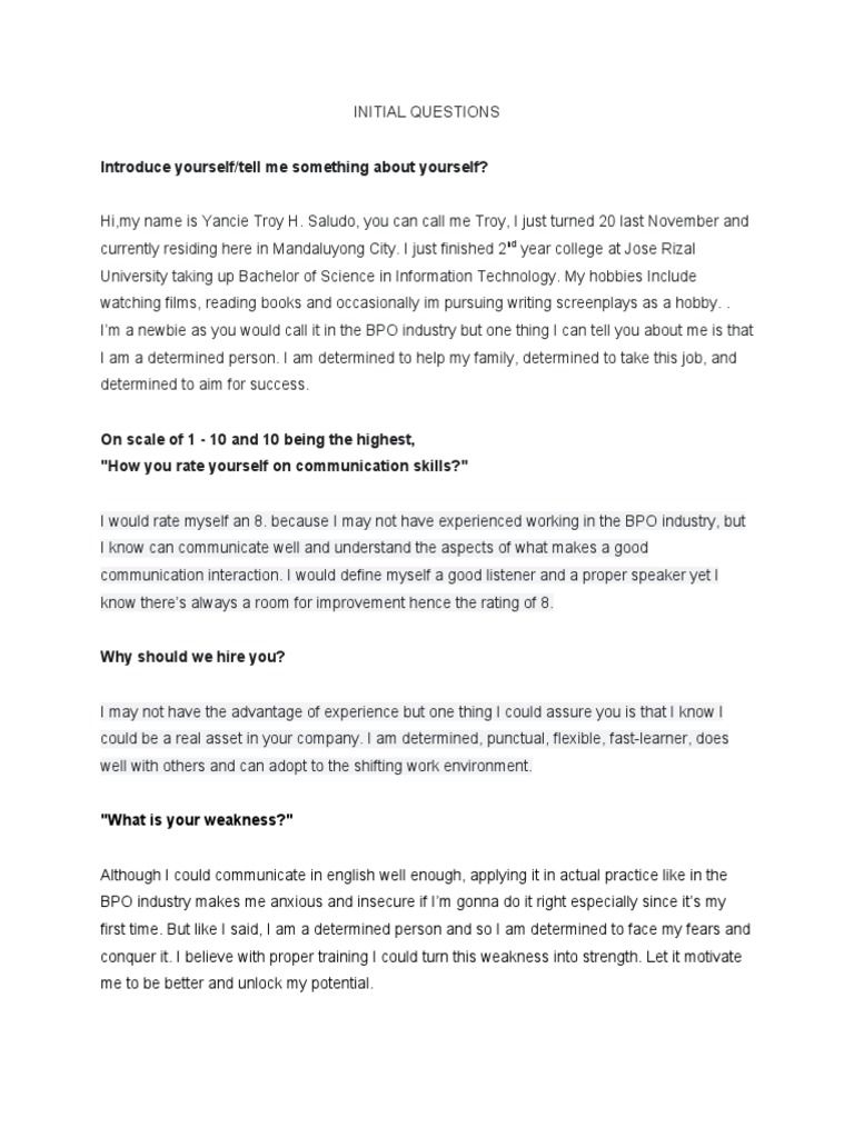 Initial Questions | PDF | Call Centre | Outsourcing