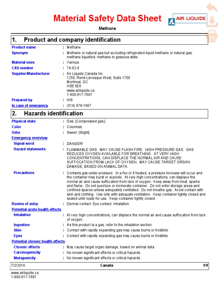 AIR LIQUIDE (MSDS) GAS-METHANE Expires 17-07-02 | PDF | Ventilation ...