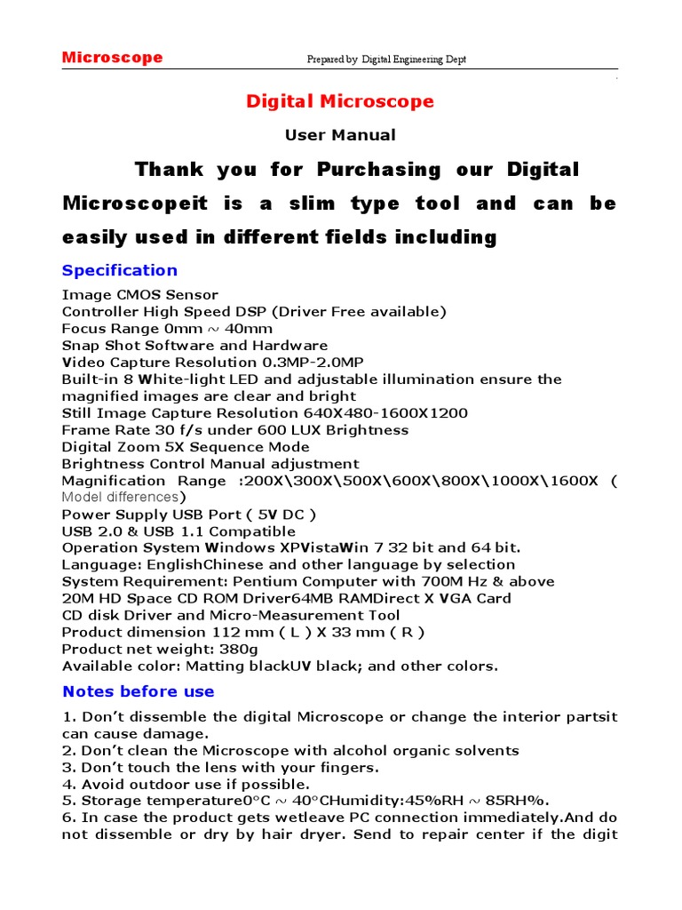 Digital Microscope User Manual | PDF | Usb | Digital Camera