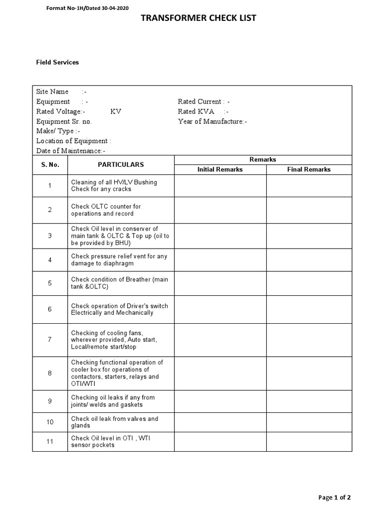 Transformer Maintenance Checklist | PDF | Transformer | Switch