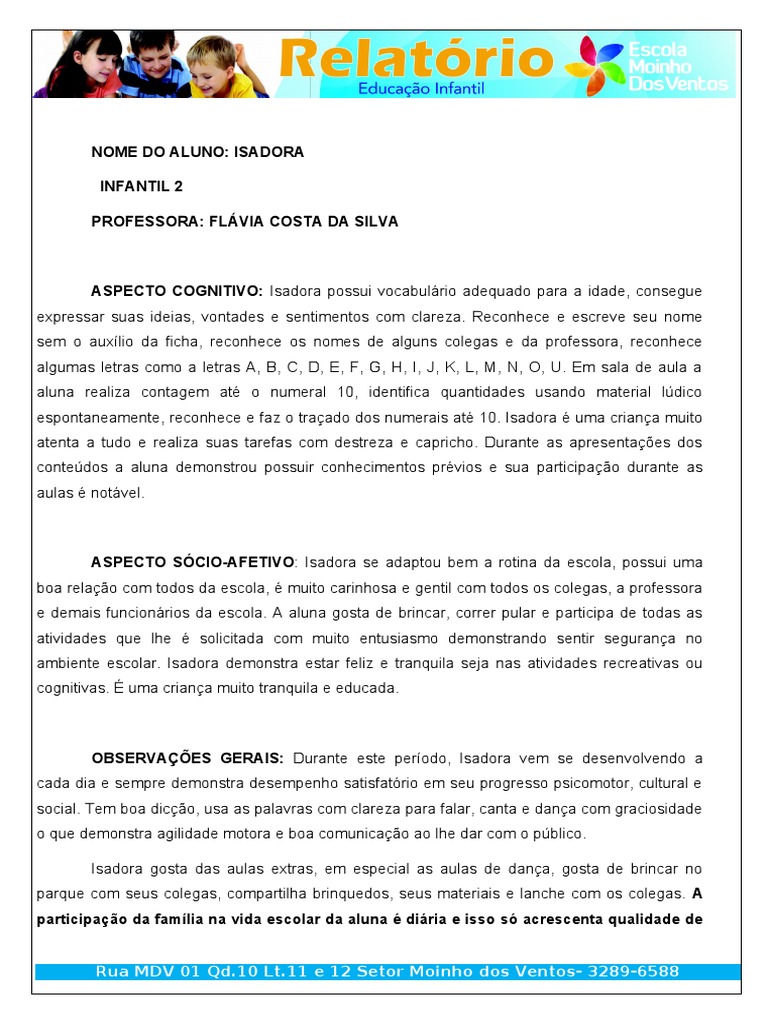 Relatório Individual de Isadora - Educação Infantil | PDF | Escolas ...